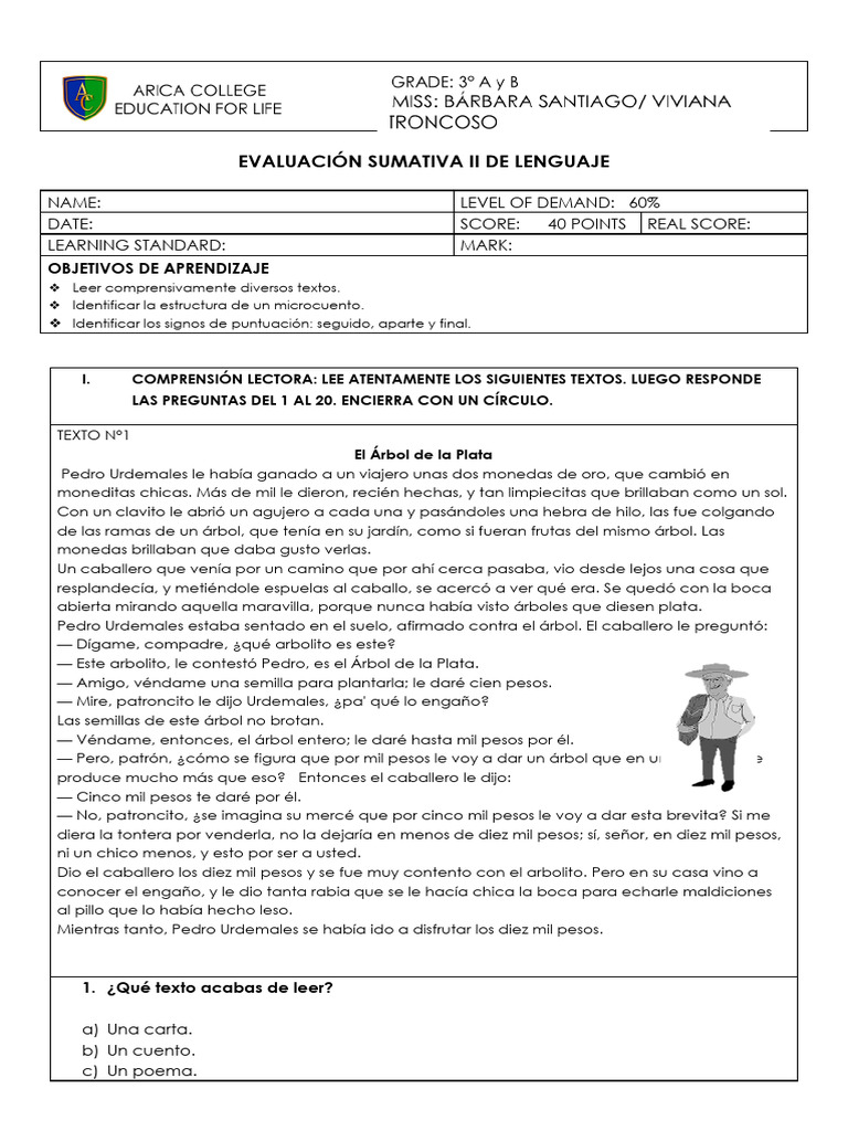 Evaluación Sumativa 2 De Lenguaje Pdf Castor 8463