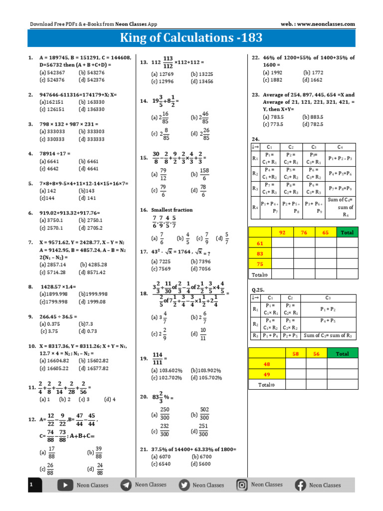 King of Calculations Sheet 183 | PDF