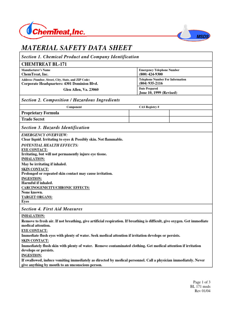 BL 171 Msds | PDF | Personal Protective Equipment | Water