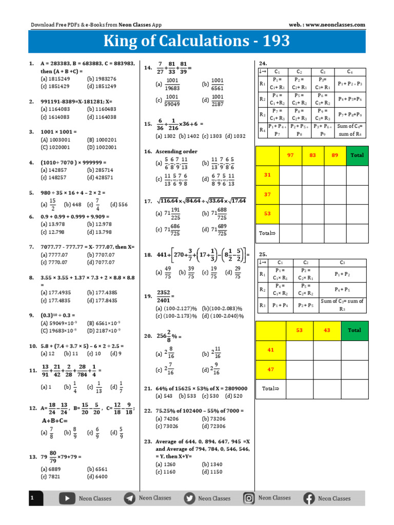 King of Calculations Sheet - 193 | PDF