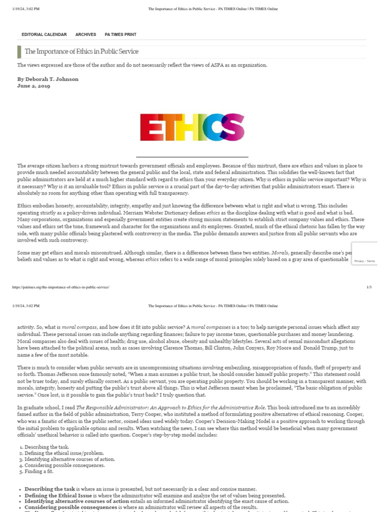 The Importance of Ethics in Public Service - PA TIMES Online - PA TIMES ...