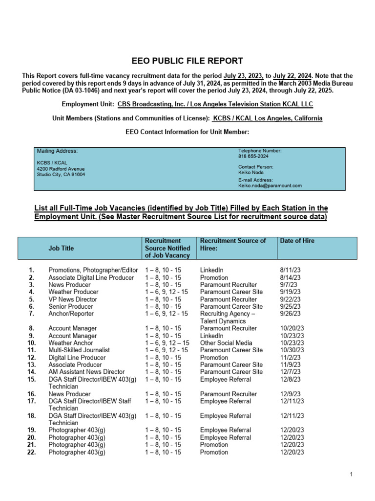KCBS-KCAL EEO Public File Report 7-23-23 To 7-22-24 | PDF | Recruitment ...