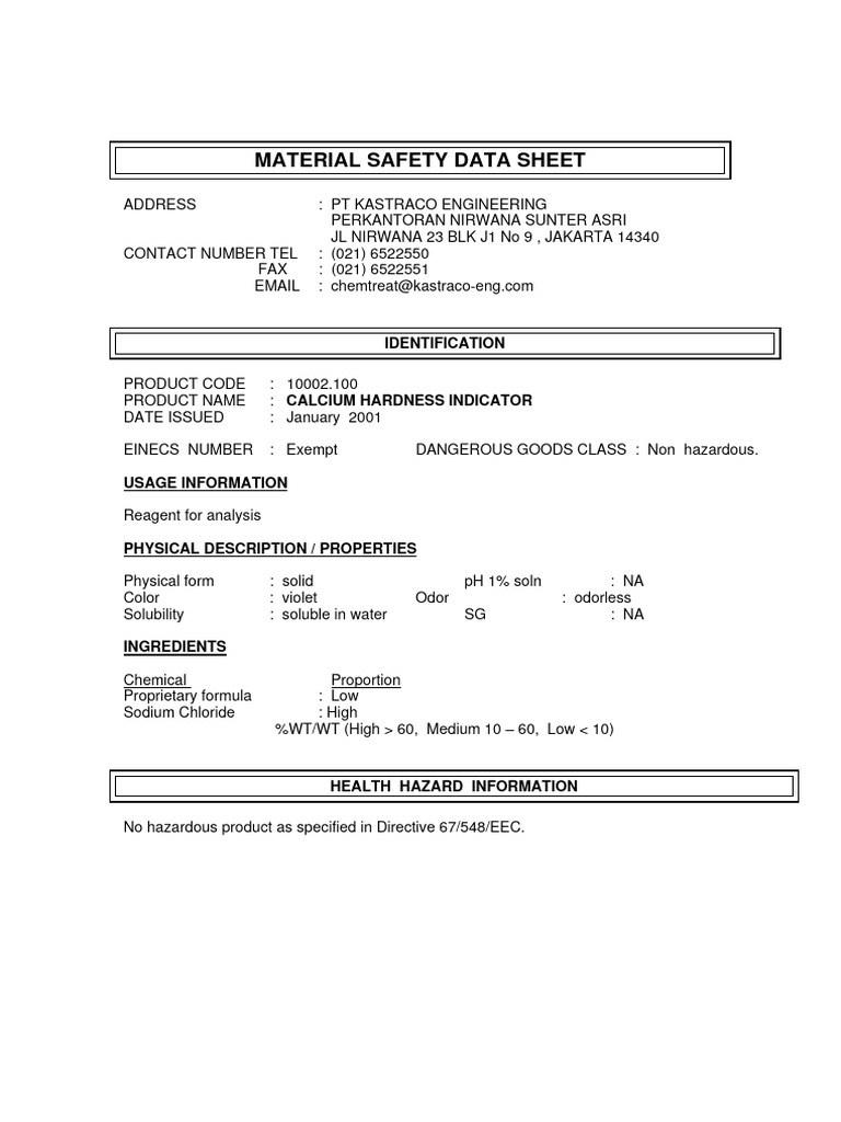 Calcium Hardness Indicator | PDF | Sodium | Materials