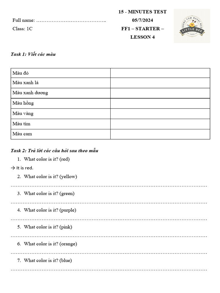 1C - Family and Friends 1 - STARTER - L2 - Bài tập Bổ trợ | PDF