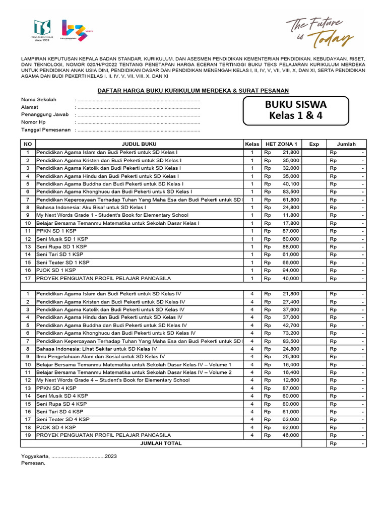 Surat Pesanan Buku Kurmer SD 1 2 4 5 2022 | PDF
