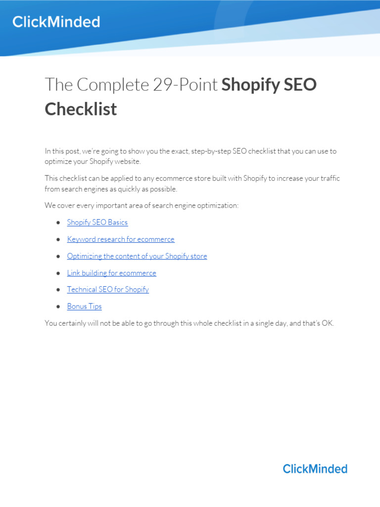 (Downloadable) The Shopify SEO Checklist | PDF | Search Engine Optimization | Analytics