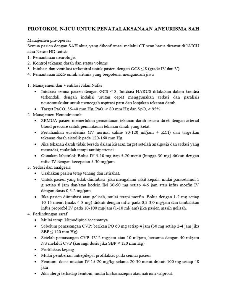 Protokol Tatalaksana Aneurisma SAH | PDF