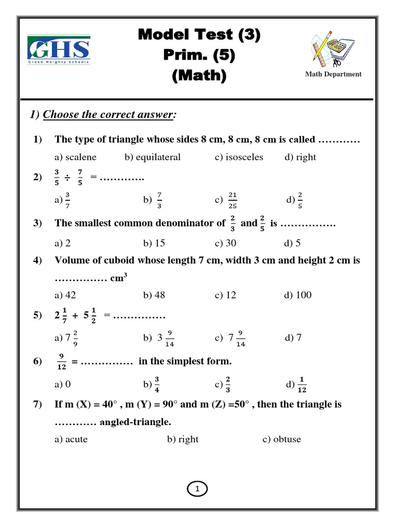 Math Final Model Test (3) & Model Answer Prim.5 | PDF | Triangle | Area