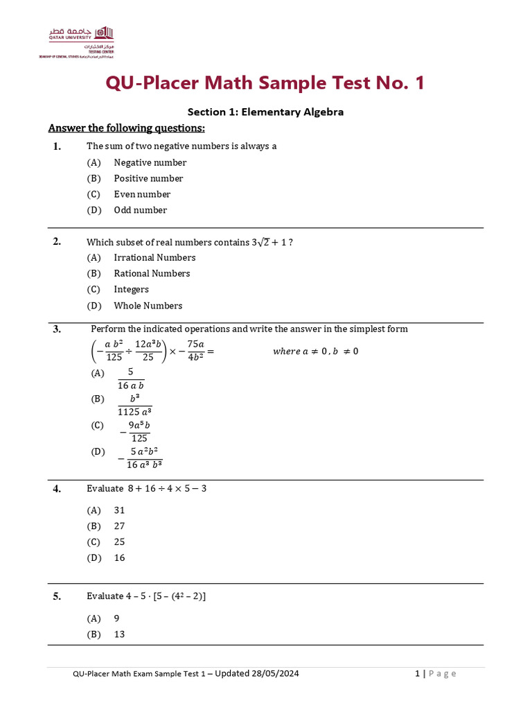 QU-Placer Math Sample Test 1 | PDF | Numbers | Integer