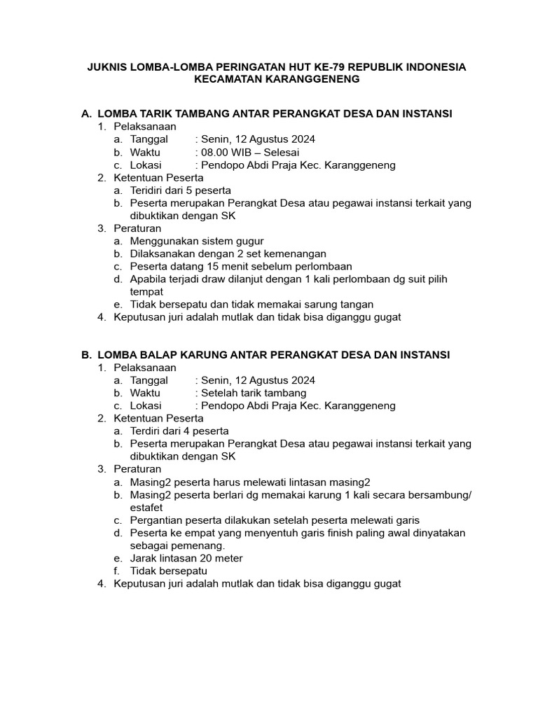 Juknis Lomba Hut Ri Kec. Karanggeneng | PDF | Olahraga & Rekreasi