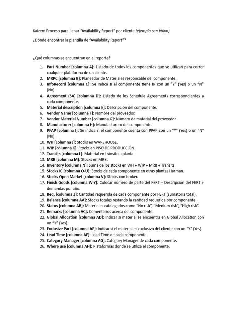 Kaizen - Proceso para llenar Availability Report | PDF