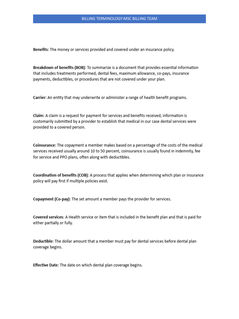 Billing Terminology | PDF | Insurance | Deductible