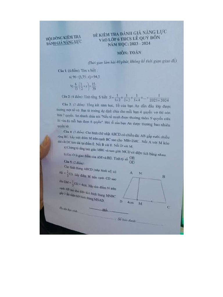 De Thi Vao Lop 6 Truong Thcs Chuyen Le Quy Don | PDF