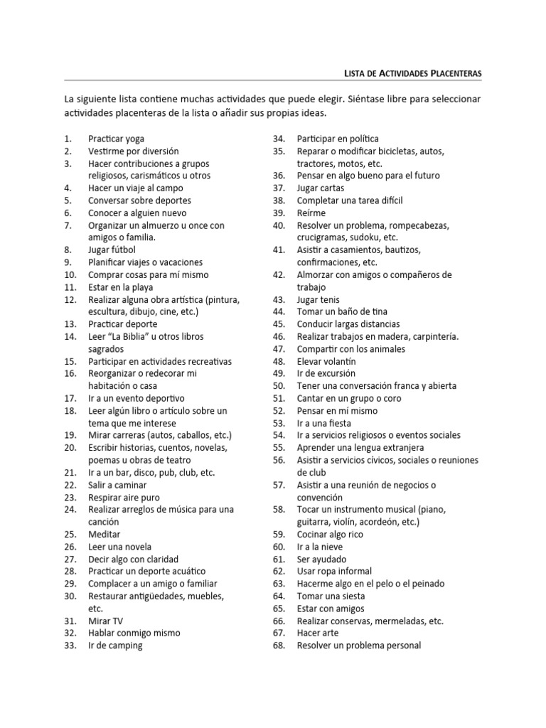 Lista de Actividades Placenteras | PDF