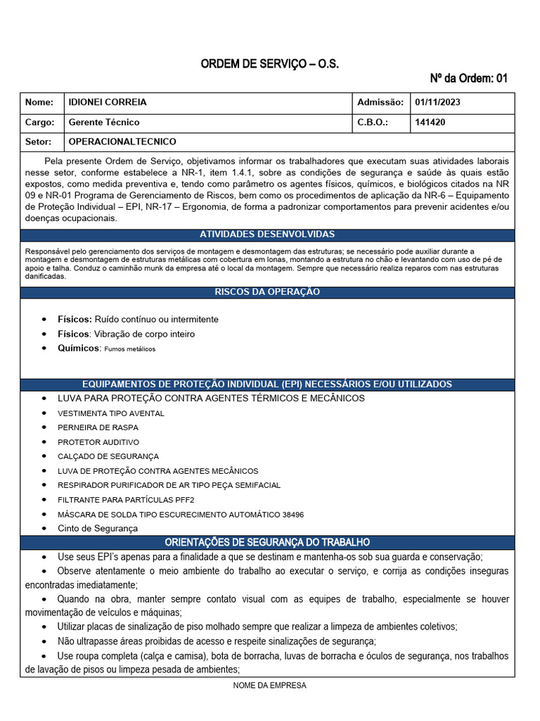 MODELO - OS - Ordem de Serviço - NR 01 | PDF | Equipamentos de proteção ...