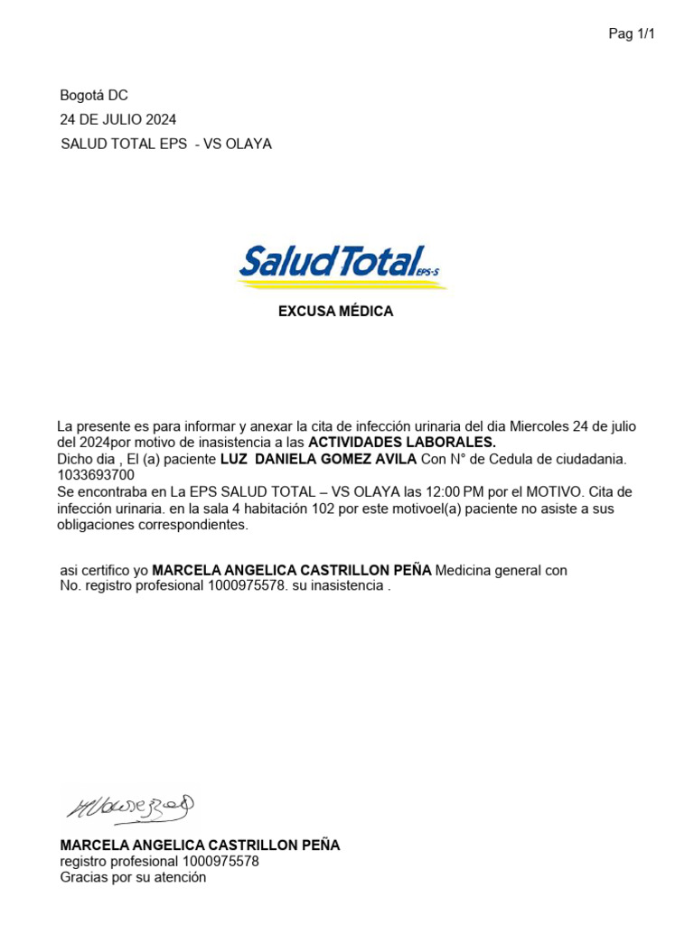 Excusa Médica Salud Total Act Luz | PDF