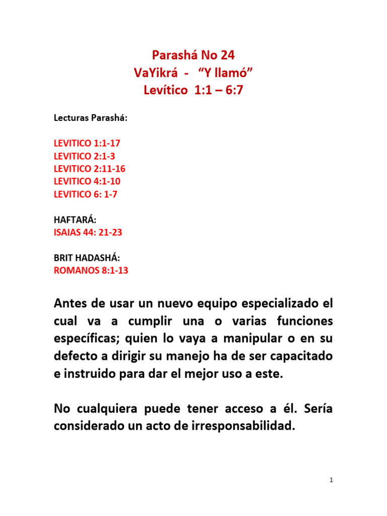 Parashat No 24 VaYikrá | PDF | Cristo (título) | Libro de levítico