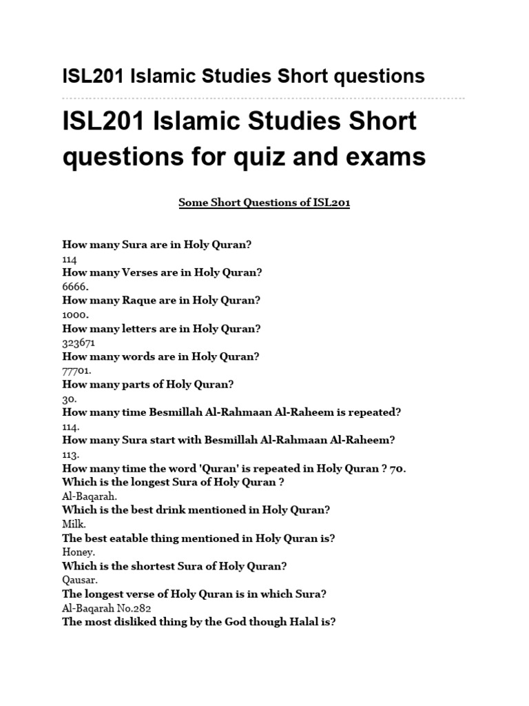 ISL201 Islamic Studies Short Questions | PDF | Muhammad | Surah