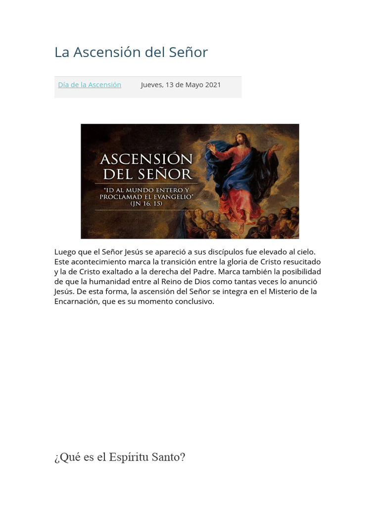 La Ascensión Del Señor Pdf Espíritu Santo Ascension De Jesus