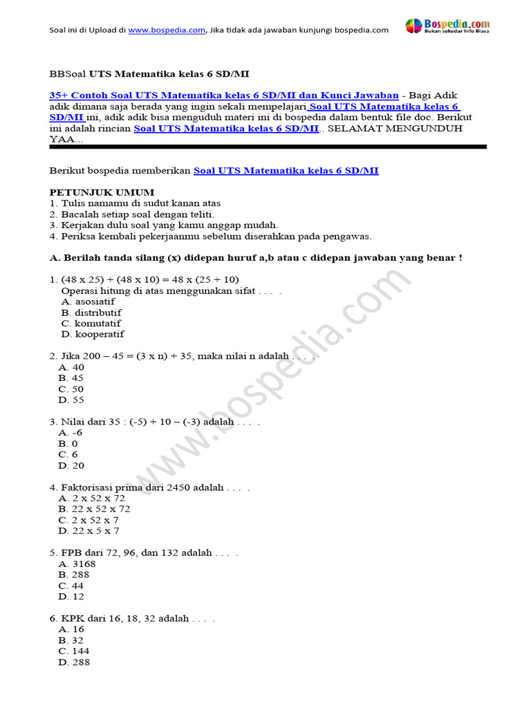 35+ Contoh Soal UTS Matematika Kelas 6 SD MI Dan Kunci Jawaban | PDF | Metode & Bahan Ajar