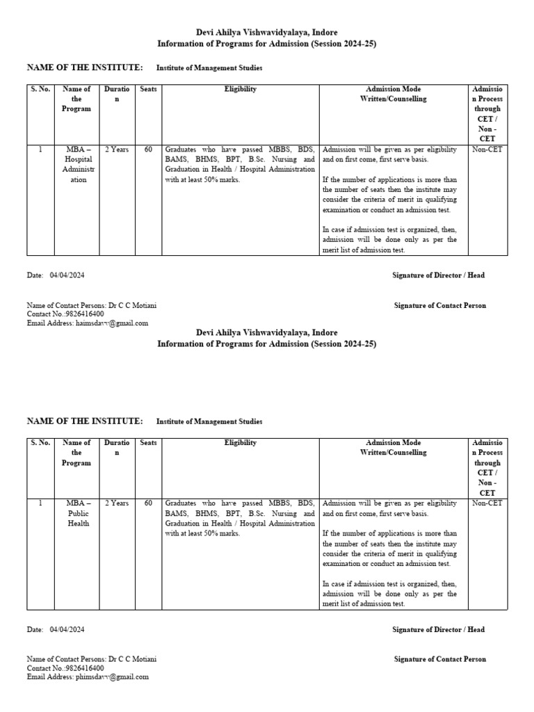 IMS NON - CET - Course Details DAVV 2024 | PDF | Academia | Qualifications