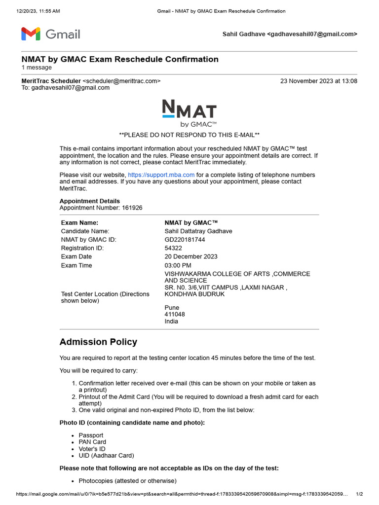 Gmail - NMAT by GMAC Exam Reschedule Confirmation | PDF