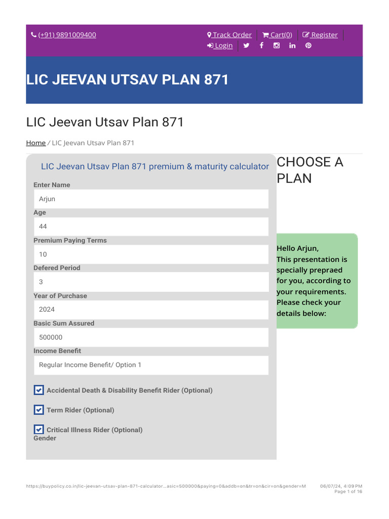 LIC Jeevan Utsav Plan 871 Calculator | PDF | Insurance | Financial Services