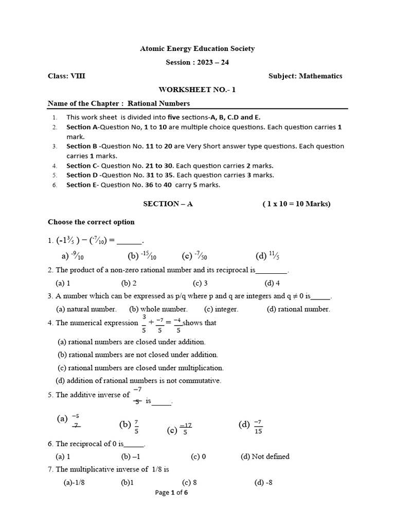 Class8 Maths - WS1-Chapter 1 Rational Numbers Mumbai2 | PDF | Integer ...