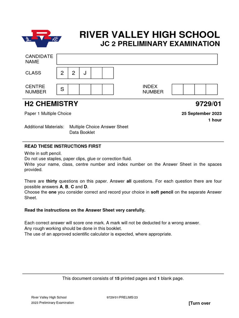 RVHS 2023 JC2 H2 CM Prelim P1 QP | PDF | Transition Metals | Ph