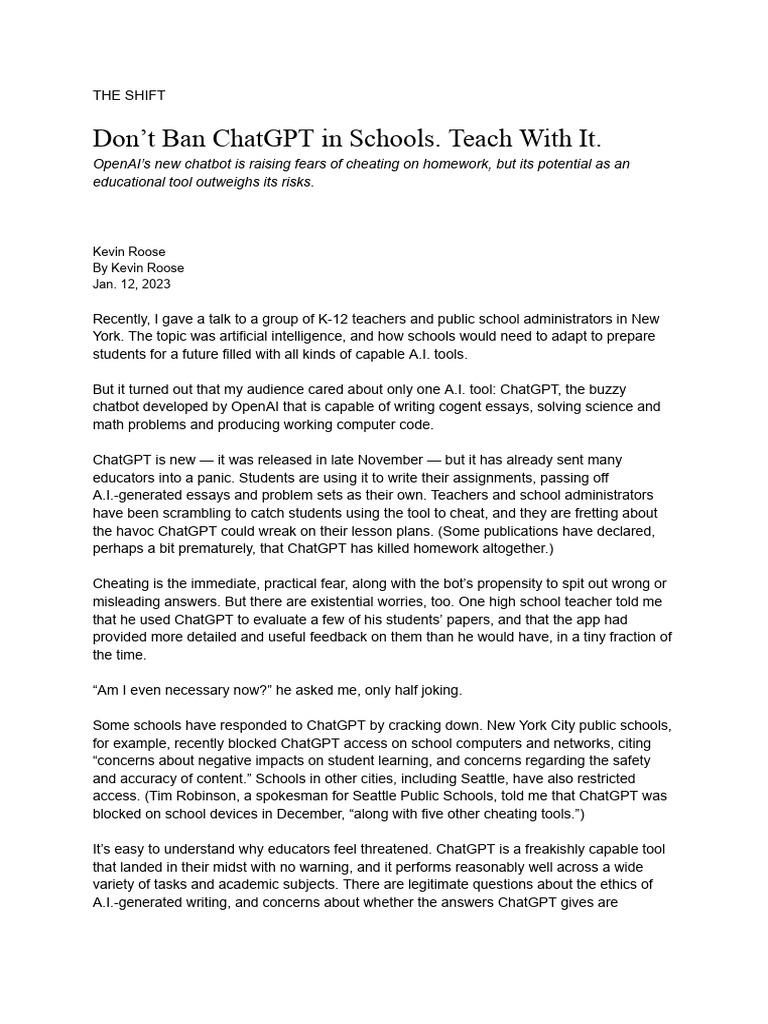 Don't Ban ChatGPT in Schools. Teach With It. ARTICLE | PDF | Artificial ...