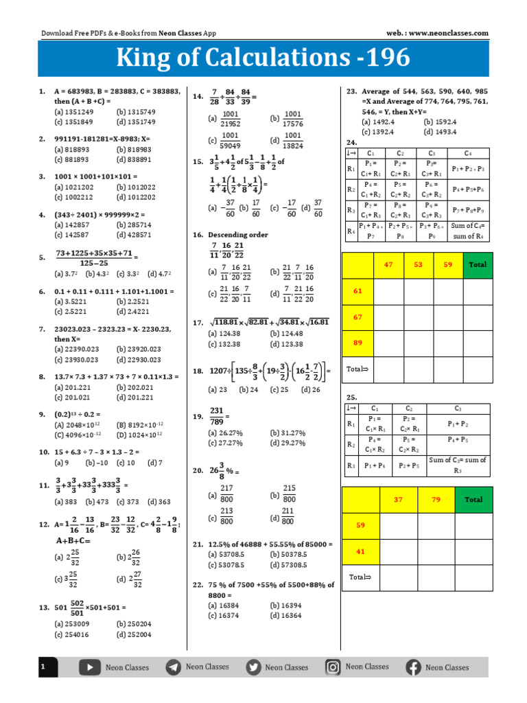 King of Calculations Sheet - 196 | PDF
