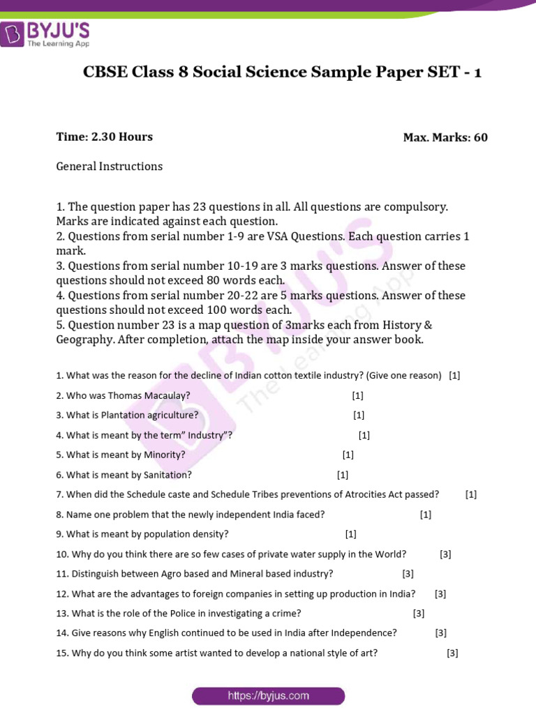 CBSE Sample Papers Social Science Class 8 Set 1 | PDF
