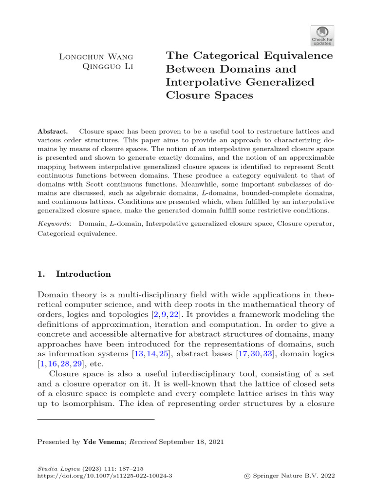 The Categorical Equivalence Between Domains & Interpolative Generalized Closure Space 2023 | PDF ...
