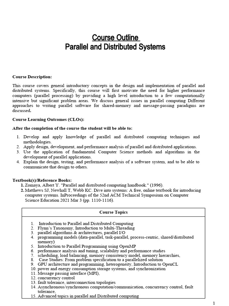 Parallel And Distributed Courseoutline Pdf Distributed Computing Parallel Computing