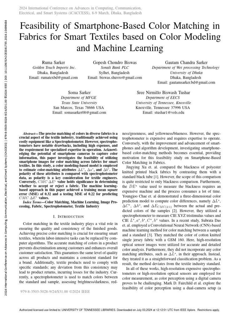 Feasibility of Smartphone-Based Color Matching in Fabrics For Smart Textiles Based On Color ...