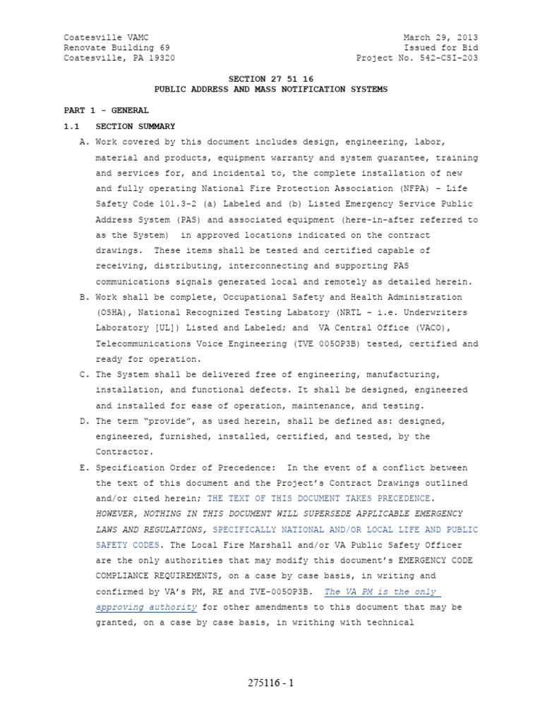 SECTION 27 51 16 Public Address and Mass Notification Systems Part 1 ...