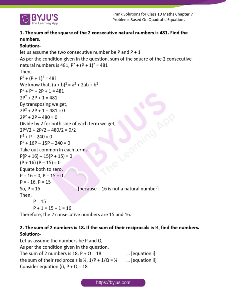 Frank Solutions For Class 10 Maths Chapter 7 Problems Based On Quadratic | PDF | Numbers | Equations