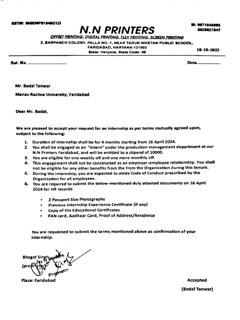 NN Printer Offer Letter | PDF