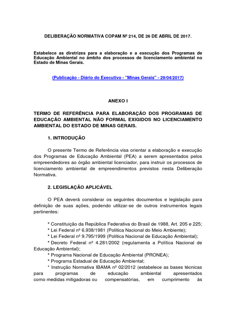 Deliberação Normativa Copam #214 - Anexo I e Ii - Termo de Referência ...