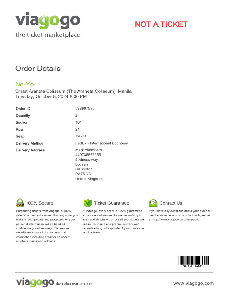 Ne-Yo Concert Ticket Order Details | PDF