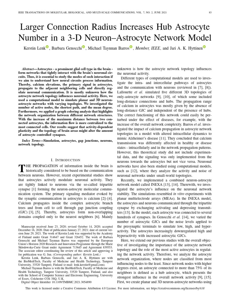 Larger Connection Radius Increases Hub Astrocyte Number in A 3-D NeuronAstrocyte Network Model ...