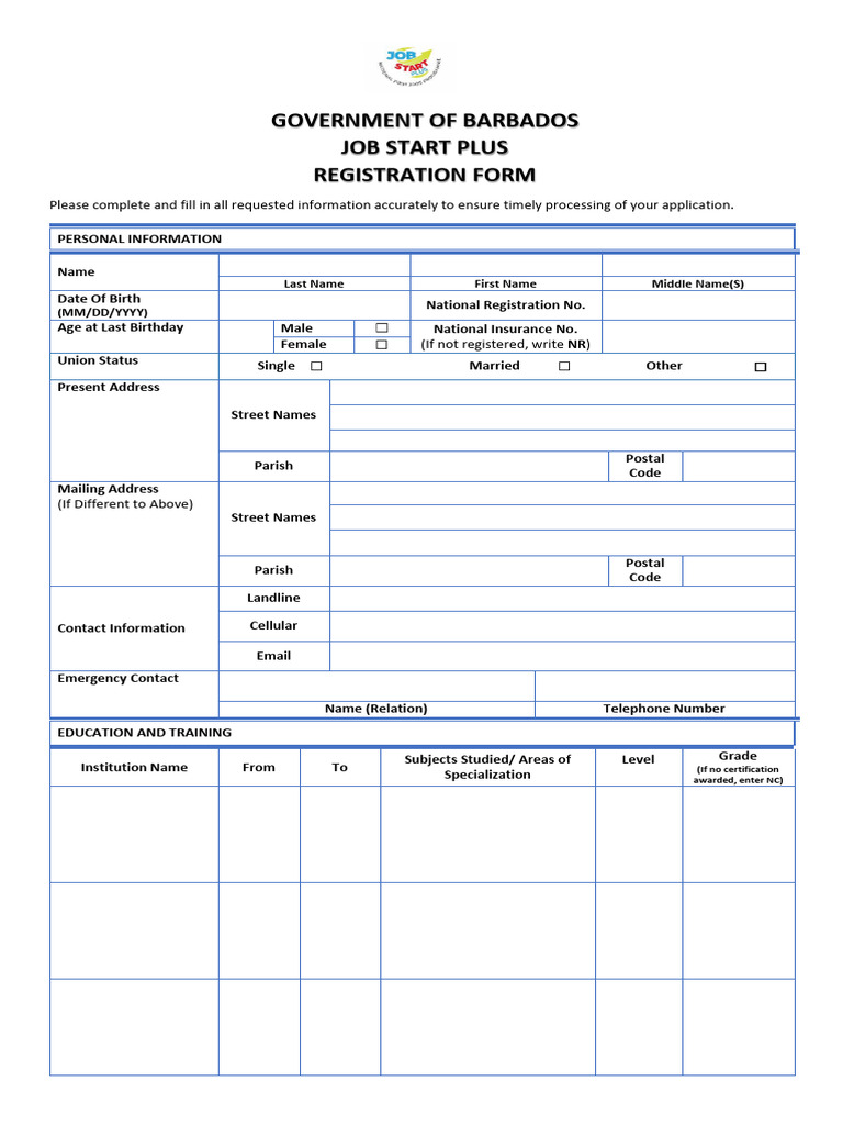 Barbados Job Start Plus Registration Form | PDF