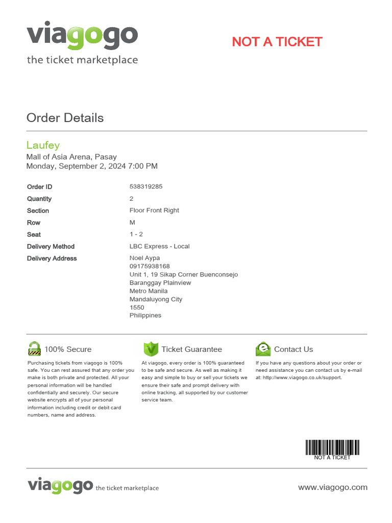 Order Details: Not A Ticket | PDF