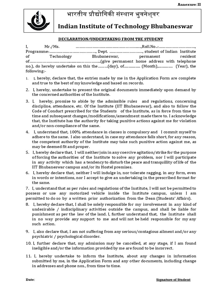 IIT Bhubaneswar Student Declaration | PDF | Justice | Crime & Violence