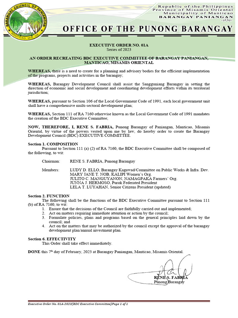 EO NO. 01A-2023 (BDC-Execom) | PDF | Governance | Justice