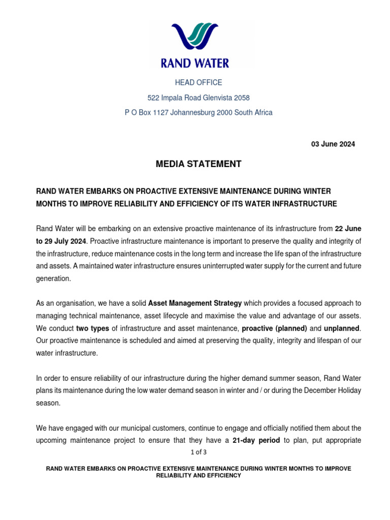 Rand Water Embarks On Proactive Extensive Maintenance During Winter ...