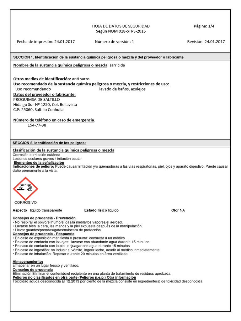 Hoja de Seguridad del Sarricida Proquimsa | PDF | Corrosión | Agua