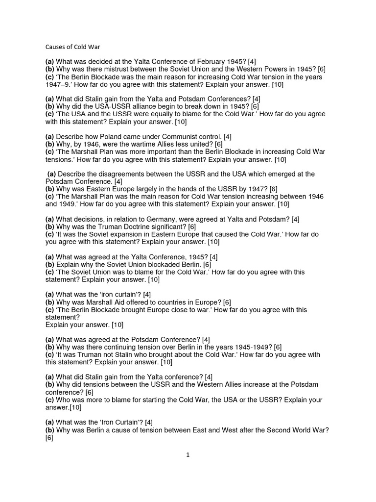 Questions - Causes of Cold War | PDF | Cold War | Soviet Union