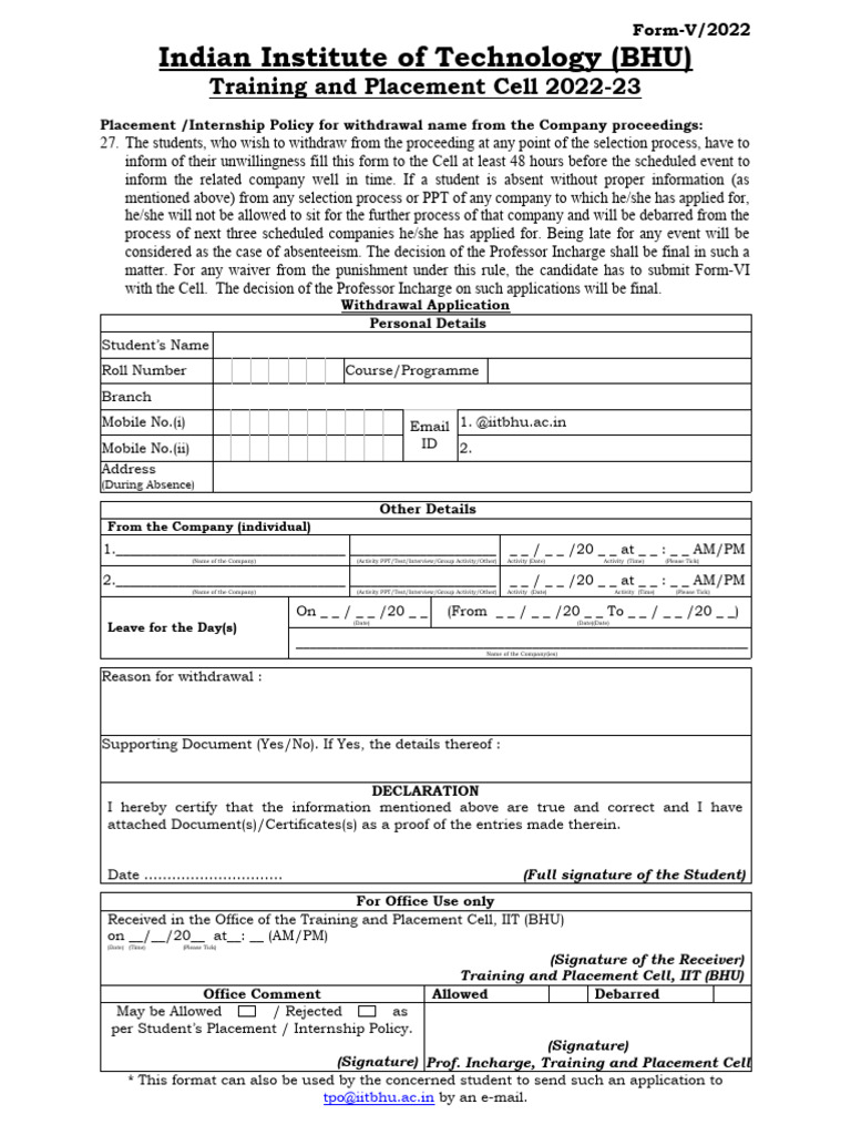 IIT BHU Placement Withdrawal Policy Form | PDF | Government