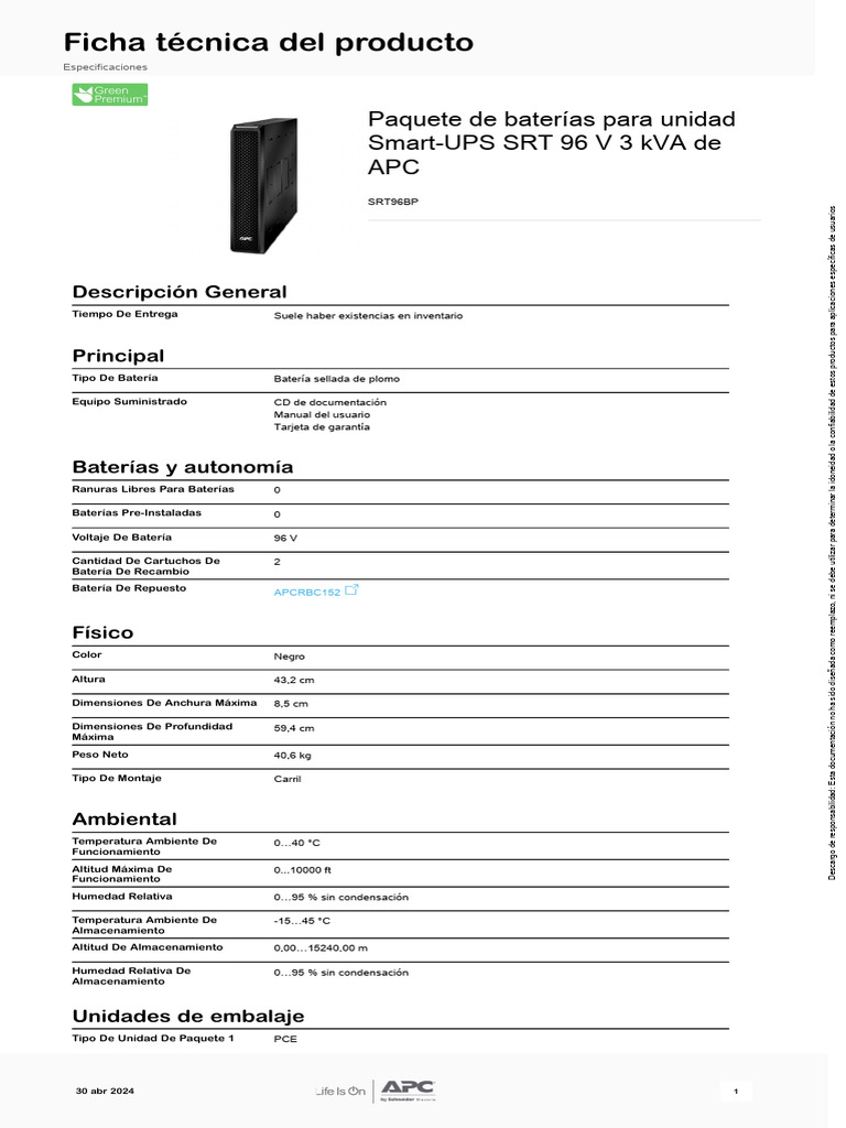 APC - Sistemas de Baterías de SmartUPS - SRT96BP | PDF | Ciencia y ...
